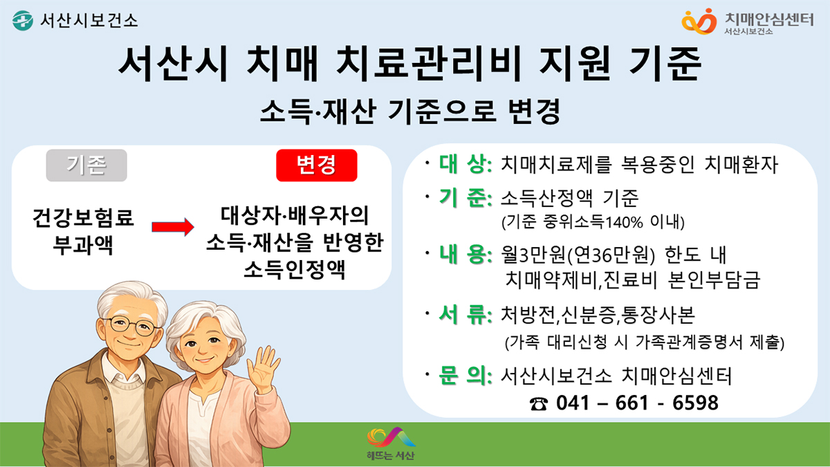 서산시, 치매 치료관리비 지원 대상자 ‘소득인정액’ 기준 선정